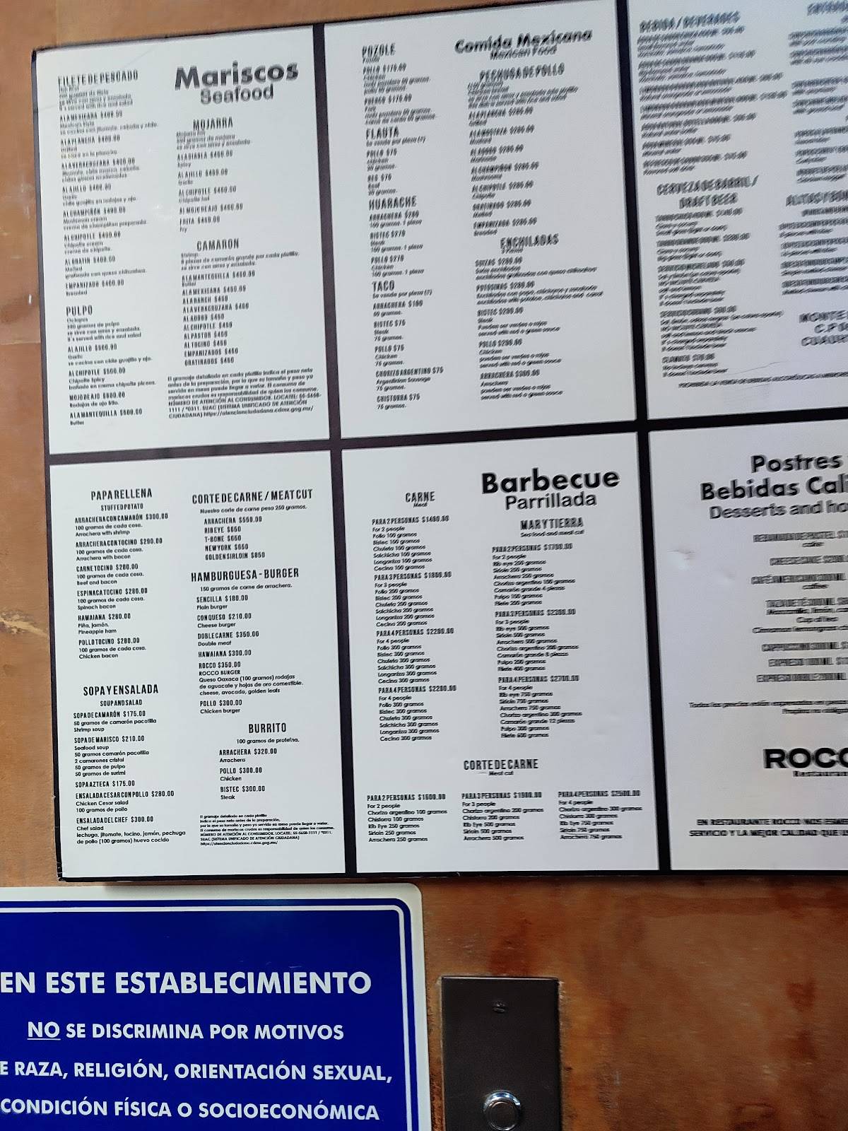 Carta de Restaurante Rocco, Ciudad de México