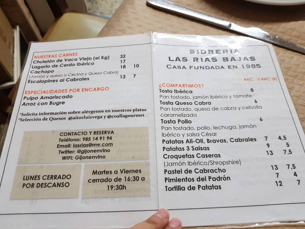 Carta del pub y bar Las Rías Bajas, Gijón