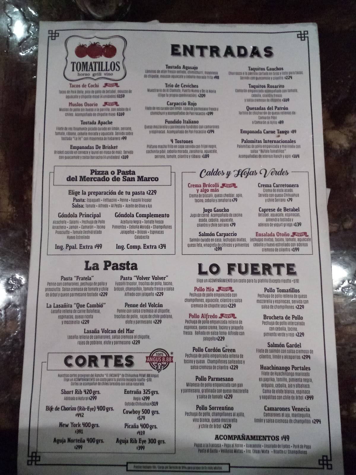 Carta del restaurante Tomatillos, Nuevo Laredo, Av. Reforma 5038
