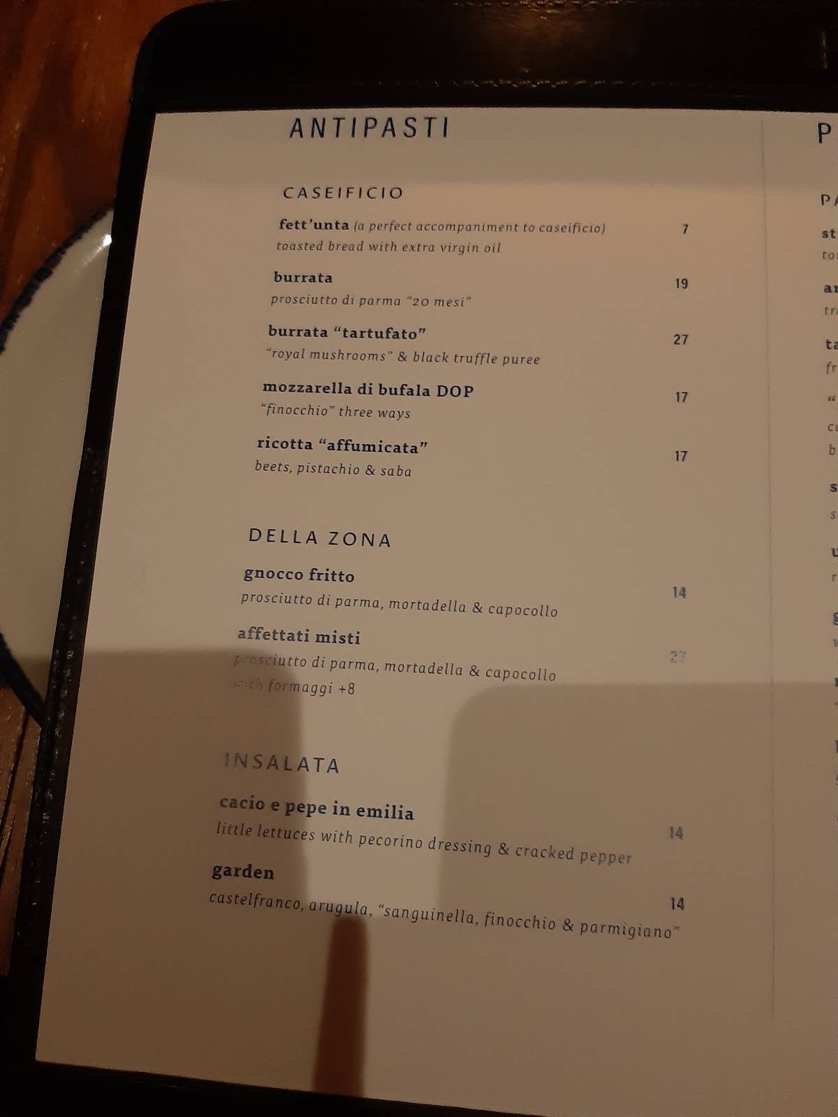 Menu at Rezdôra restaurant, New York City