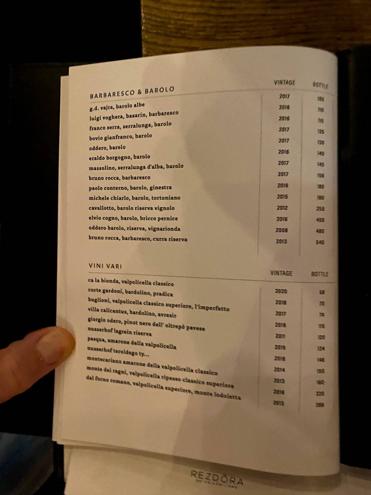 Menu at Rezdôra restaurant, New York City
