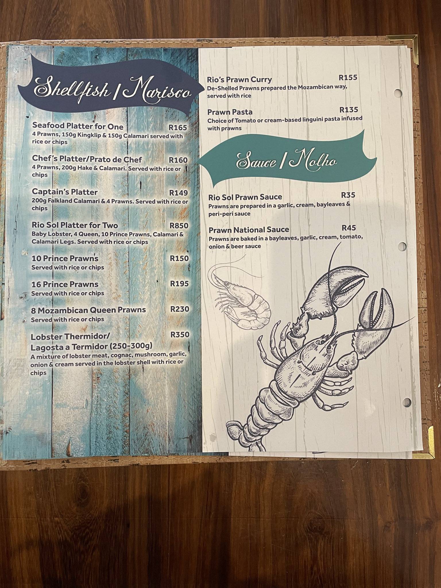 Menu at Rio Sol restaurant, Vereeniging
