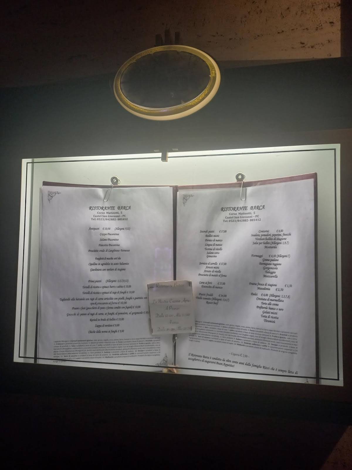 Menu da Ristorante Barca, Castel San Giovanni