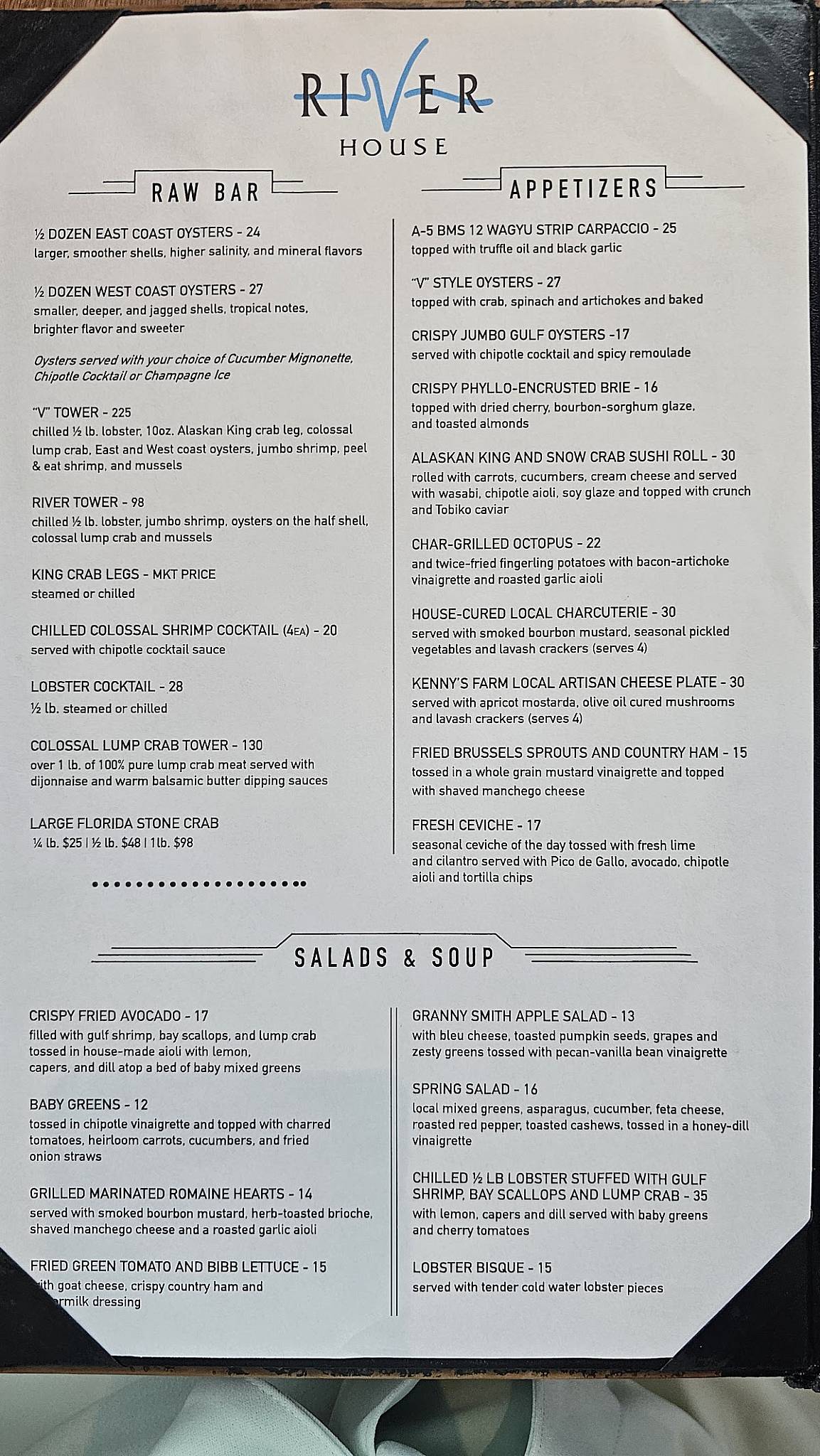Menu at River House Restaurant and Raw Bar, Louisville, River Rd b