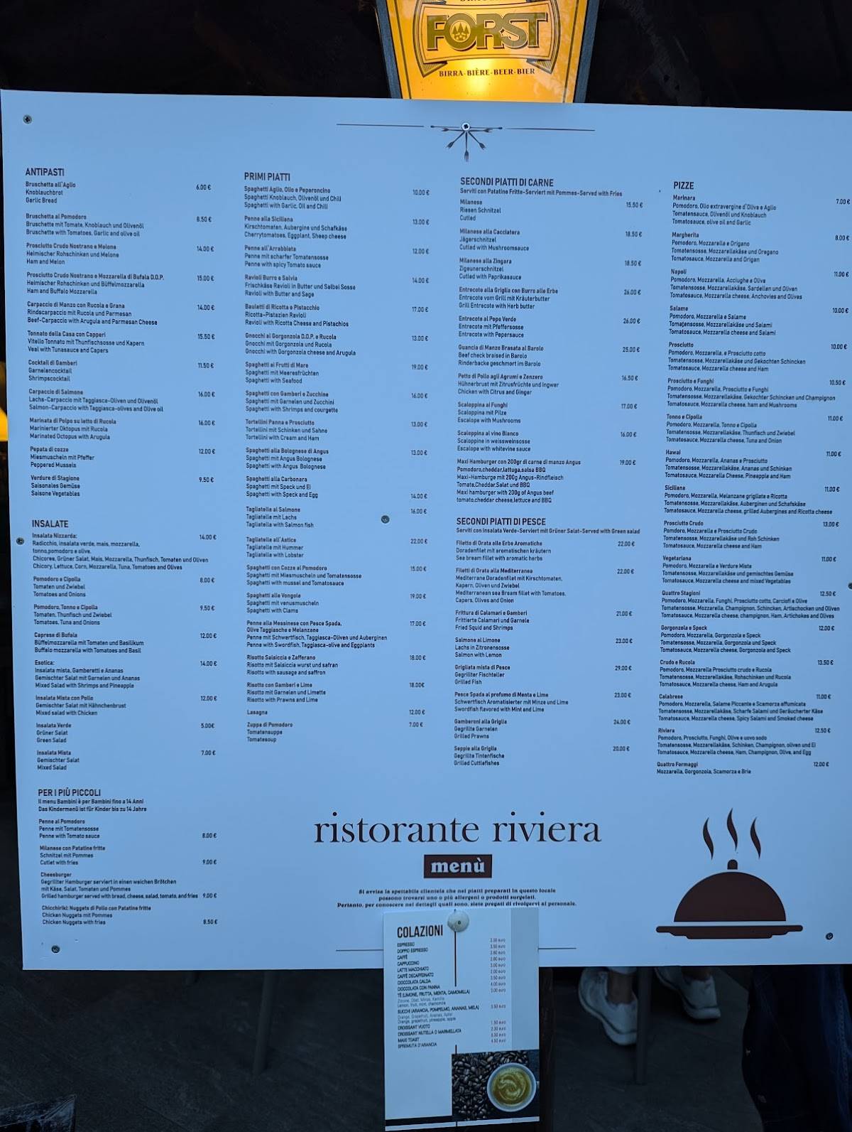 Menu da Ristorante Riviera, Cannobio