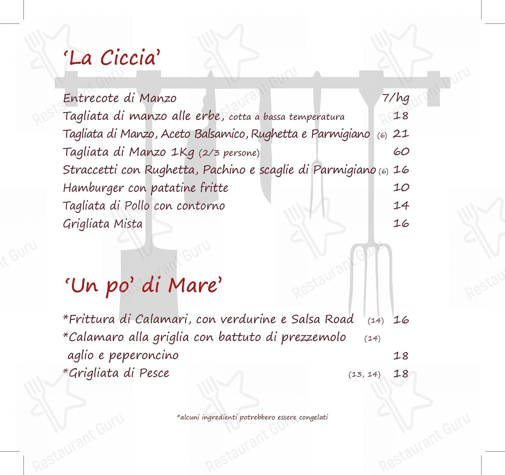 Menu au Road Mama Roma restaurant, Rome