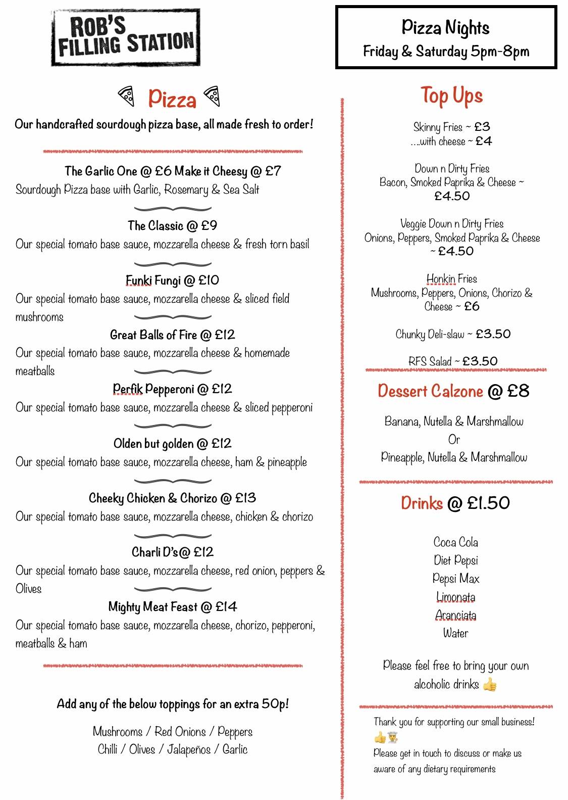 Menu at Rob's Filling Station restaurant, Poole