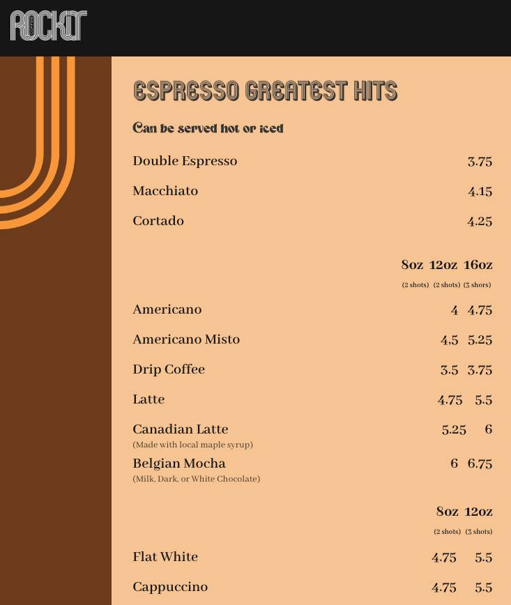 Menu at Rockit Coffee, Whistler