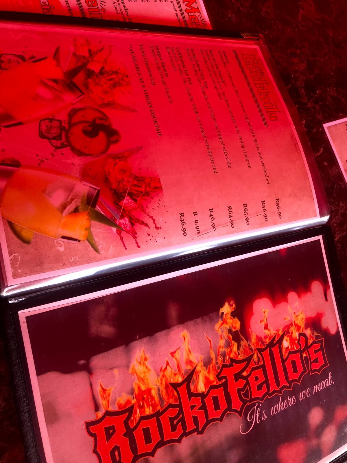 Menu at Rockofellos restaurant, Rustenburg