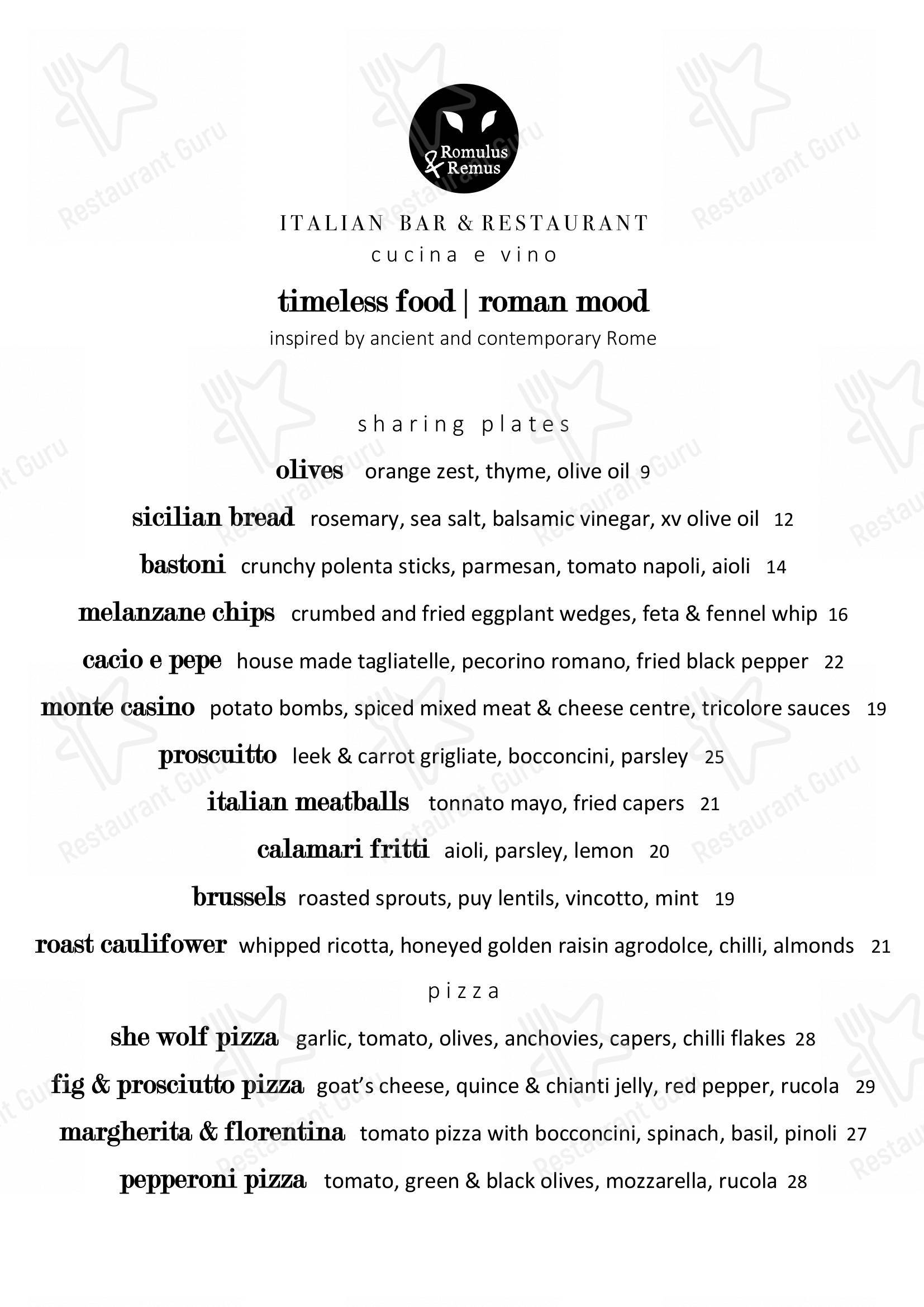 Menu at Romulus and Remus restaurant, Auckland