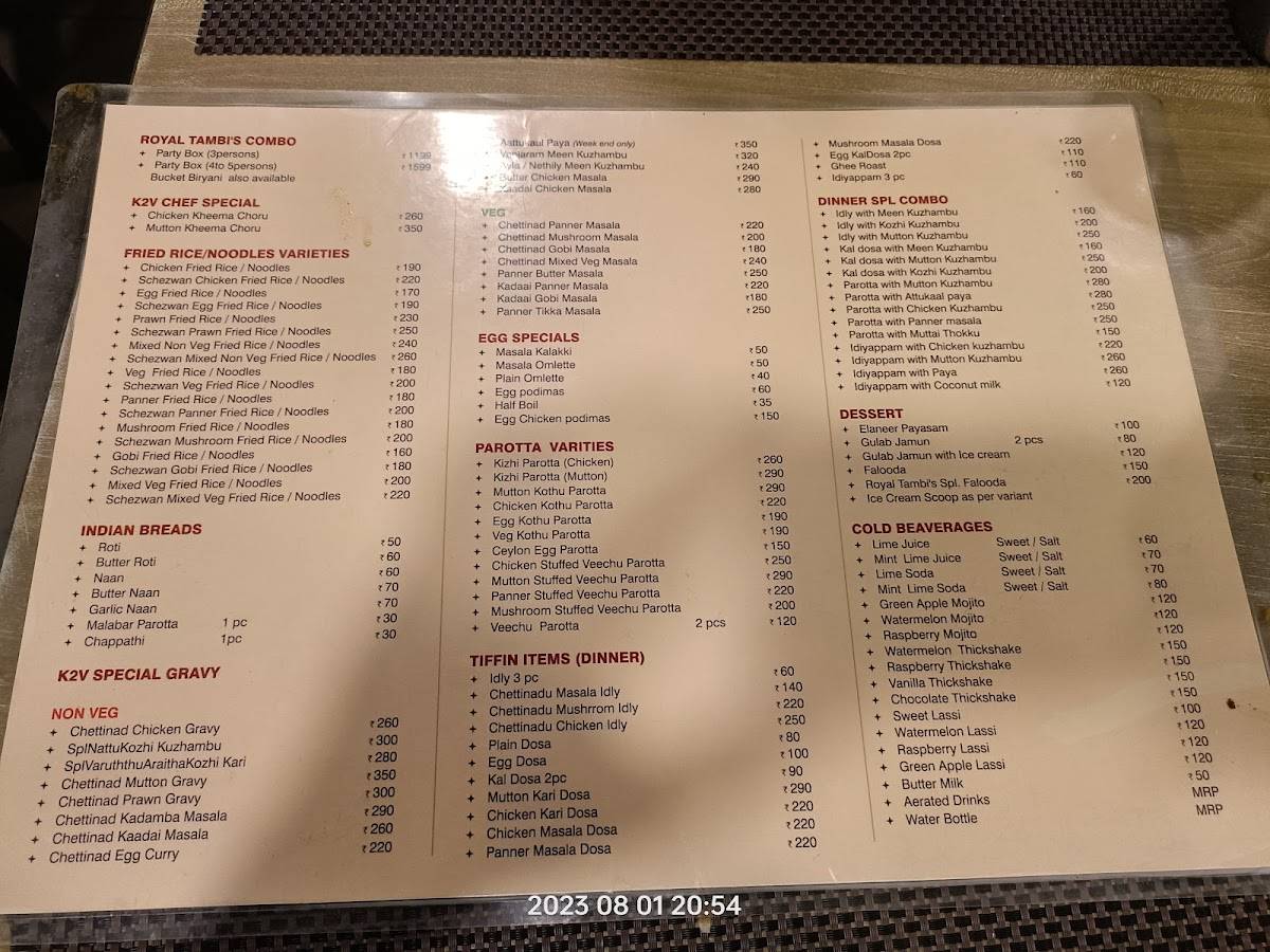Menu at Royal thambi restaurant, Chennai
