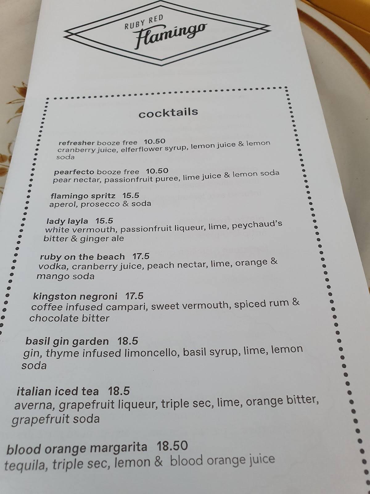 Menu at Ruby Red Flamingo restaurant, North Adelaide
