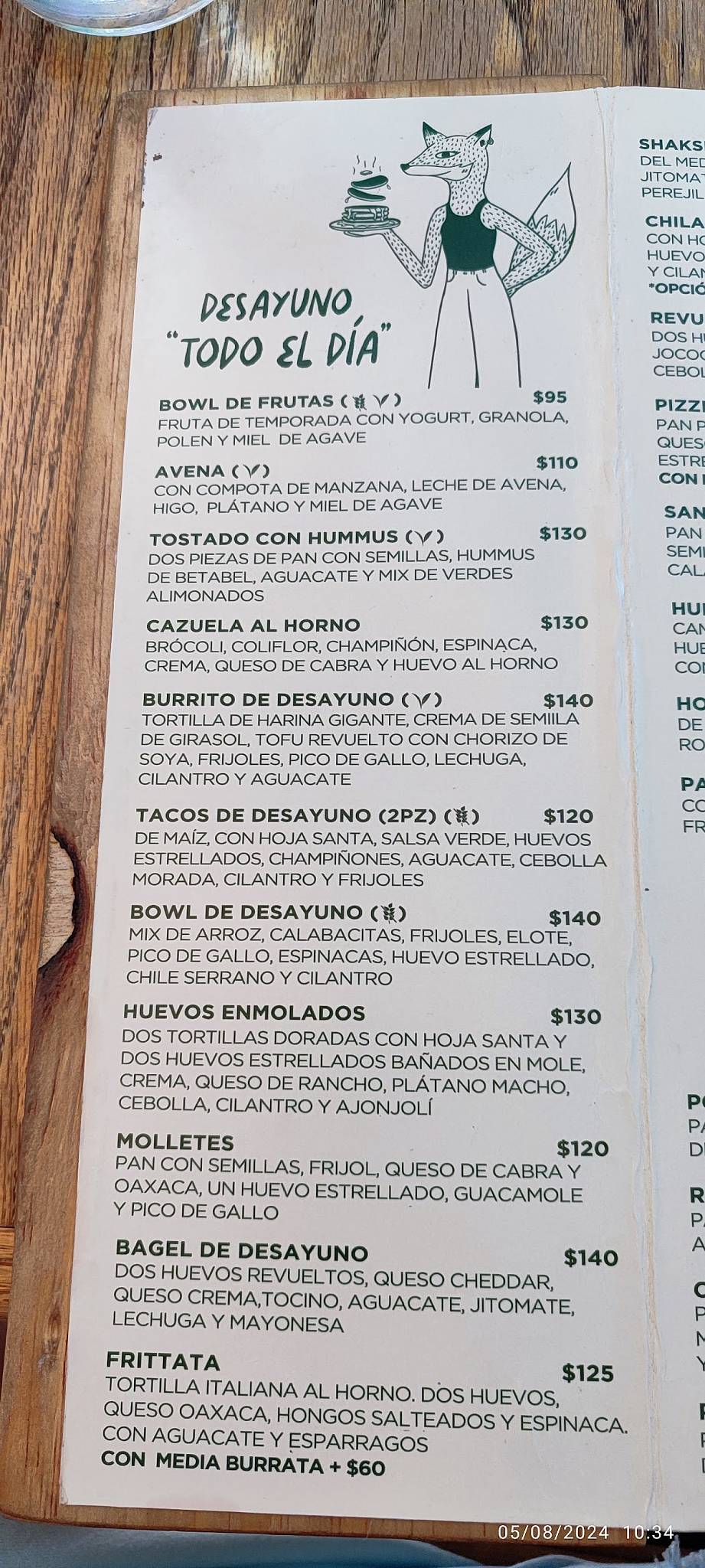 Menu at Rústica restaurant, San Miguel de Allende
