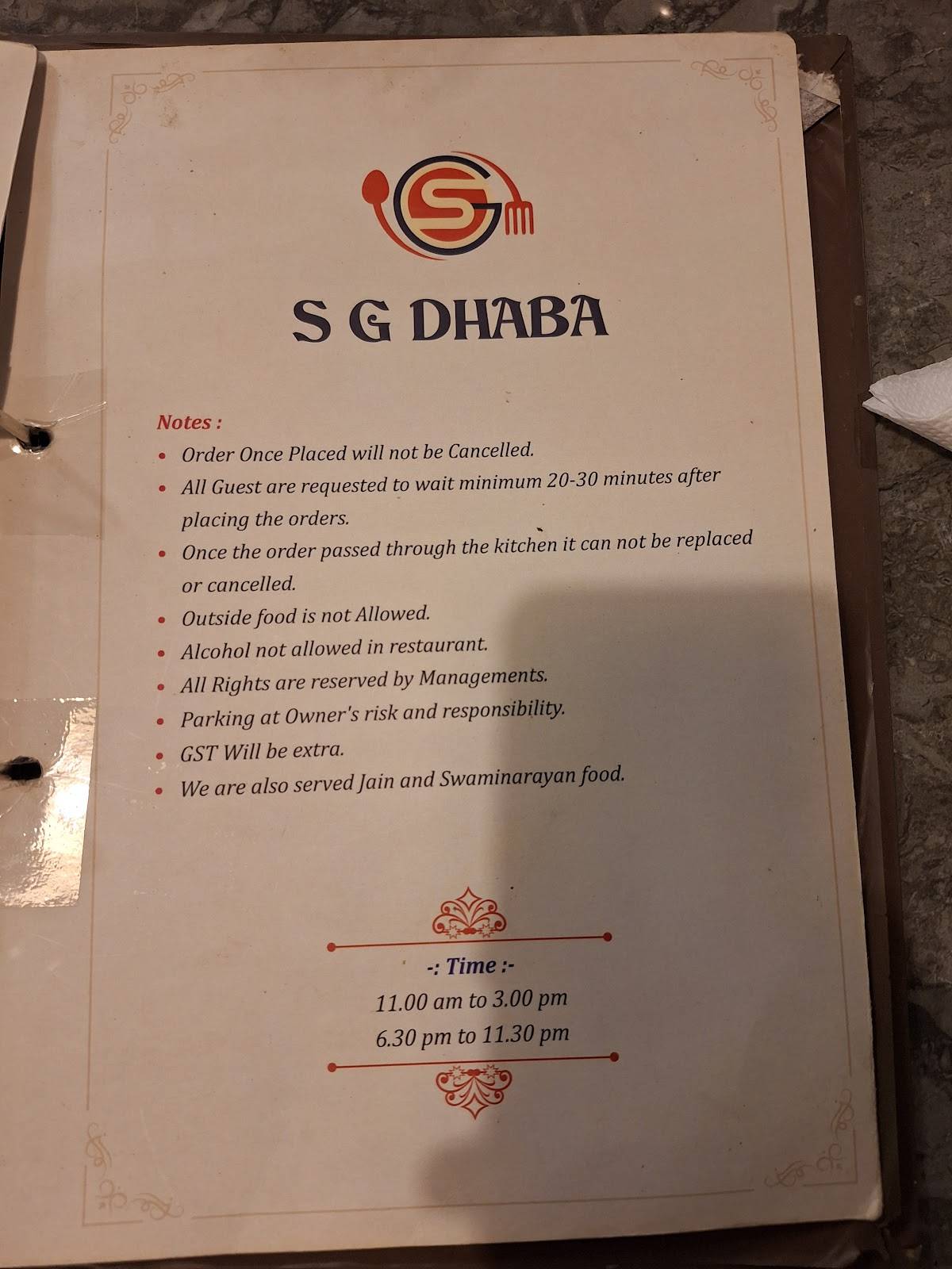 Menu at SG Dhaba, Tragad, Sp ring road