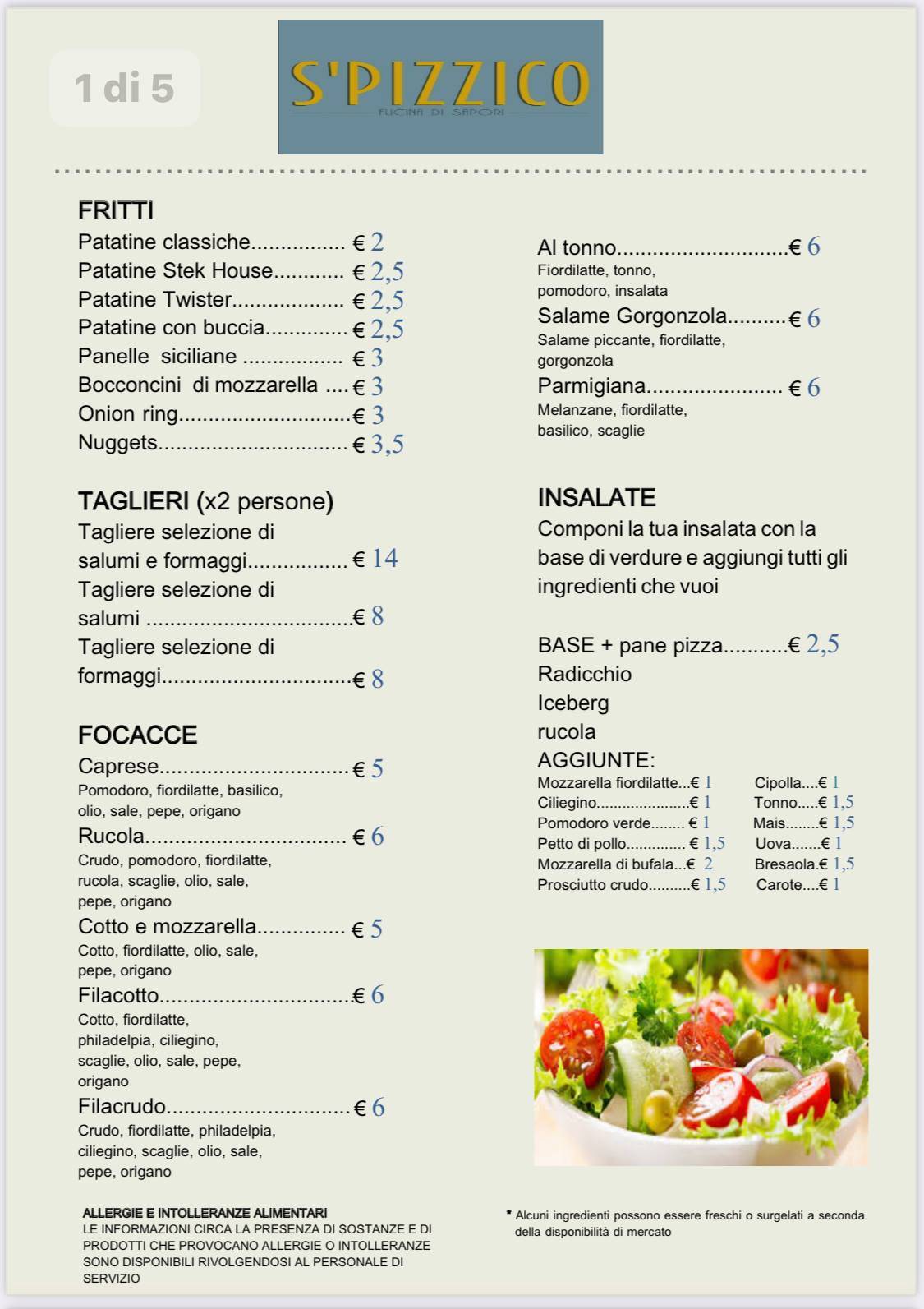 Menu da S'Pizzico ristorante, Canicattì