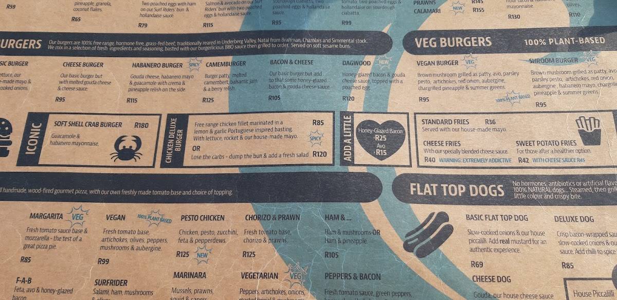 Menu at SURF RIDERS SOUTH BEACH @ BEACHFRONT restaurant, Durban