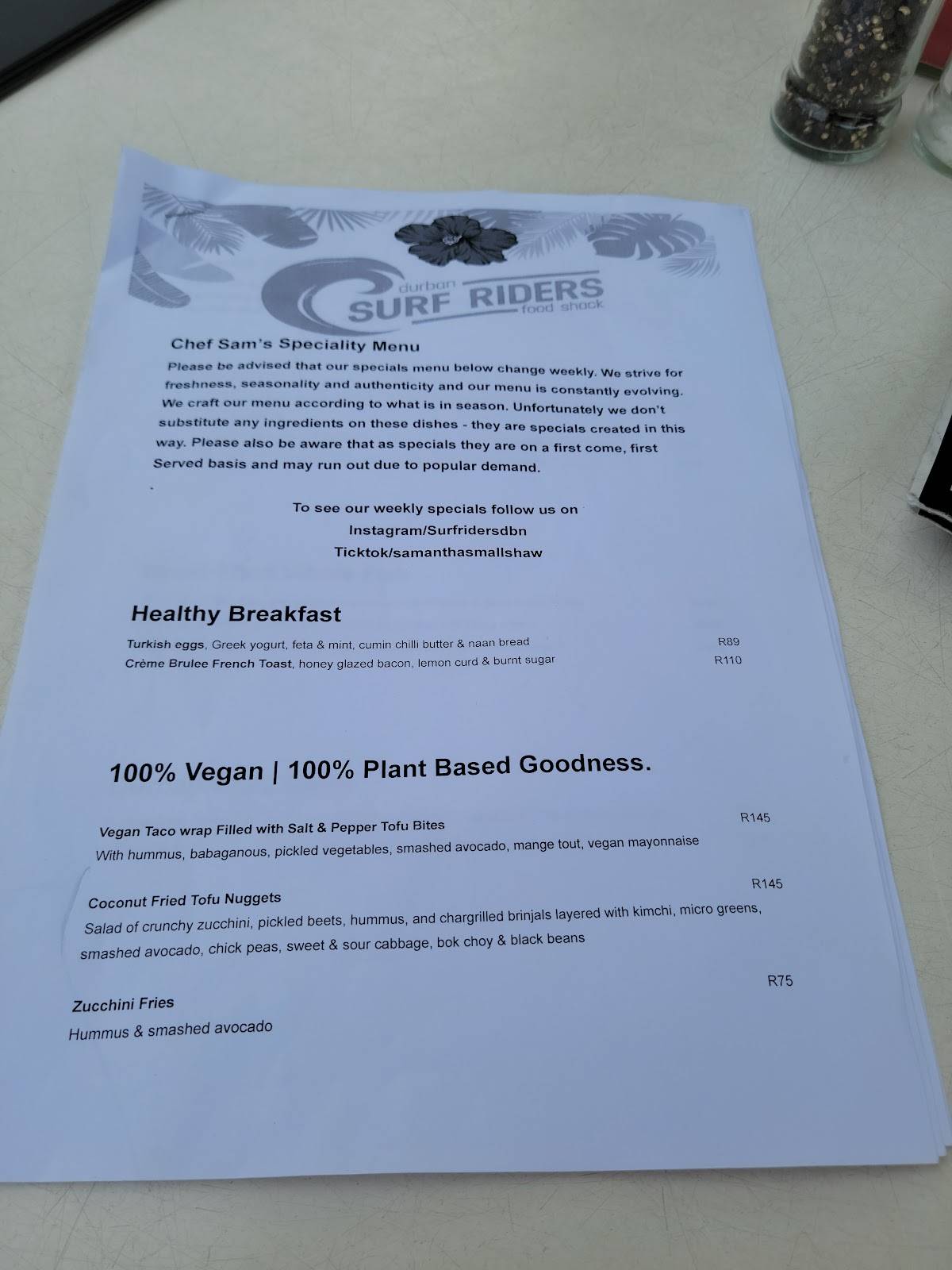 Menu at SURF RIDERS SOUTH BEACH @ BEACHFRONT restaurant, Durban