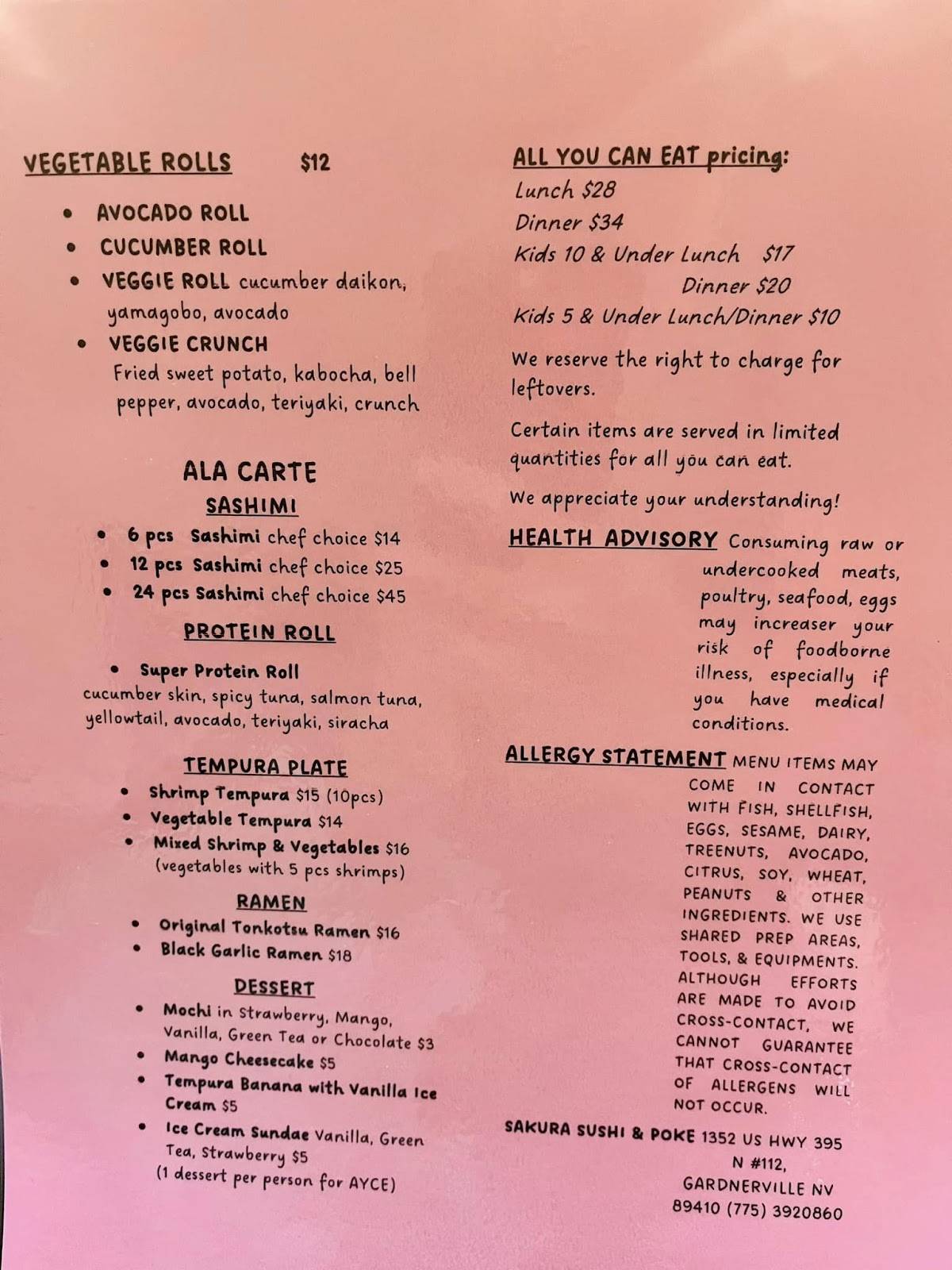 Menu at Sakura Sushi & Poke restaurant, Gardnerville