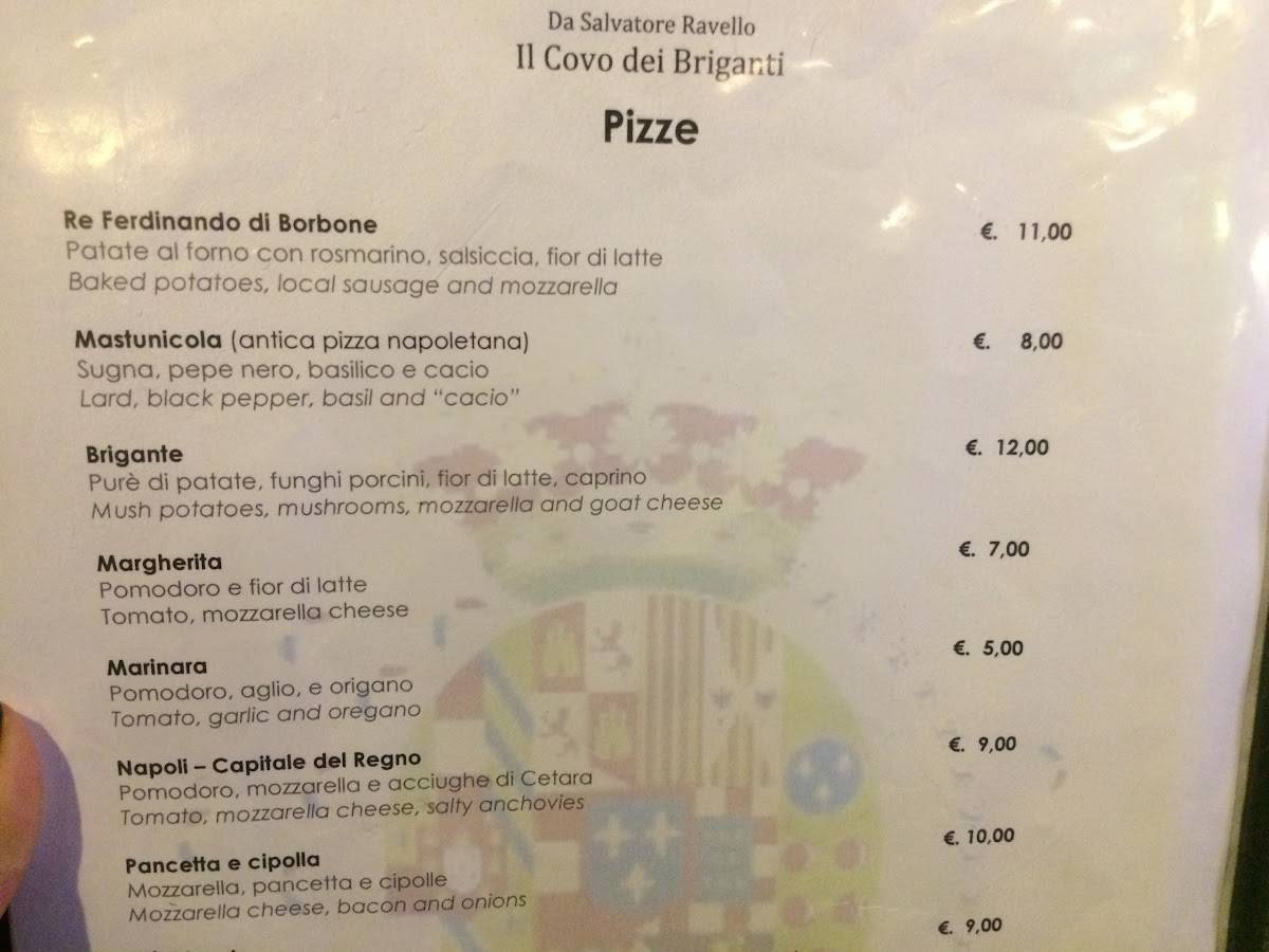 Menu at Salvatore Ravello restaurant, Ravello, Via della Repubblica