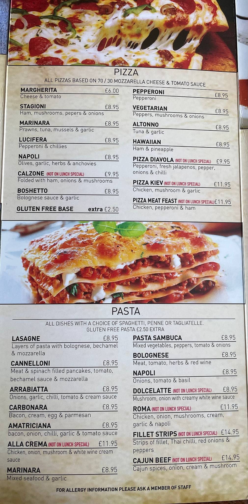 Menu at Sambuca South Shields restaurant, South Shields, The Dunes