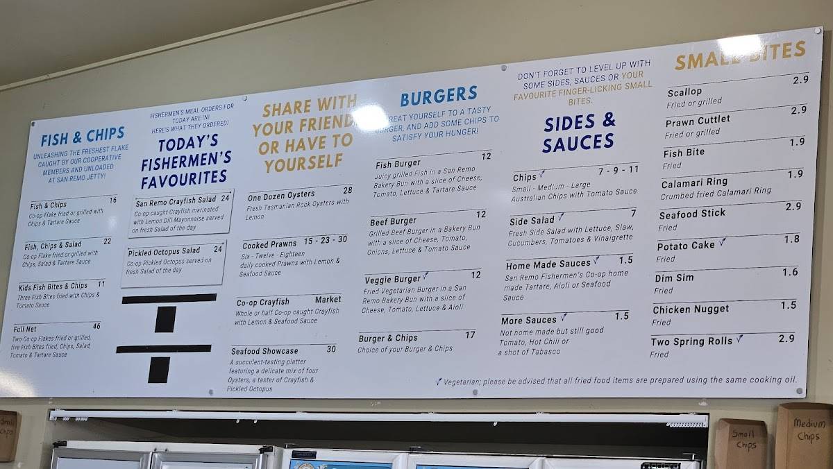 Menu at San Remo Fishermans Co-Op restaurant, San Remo