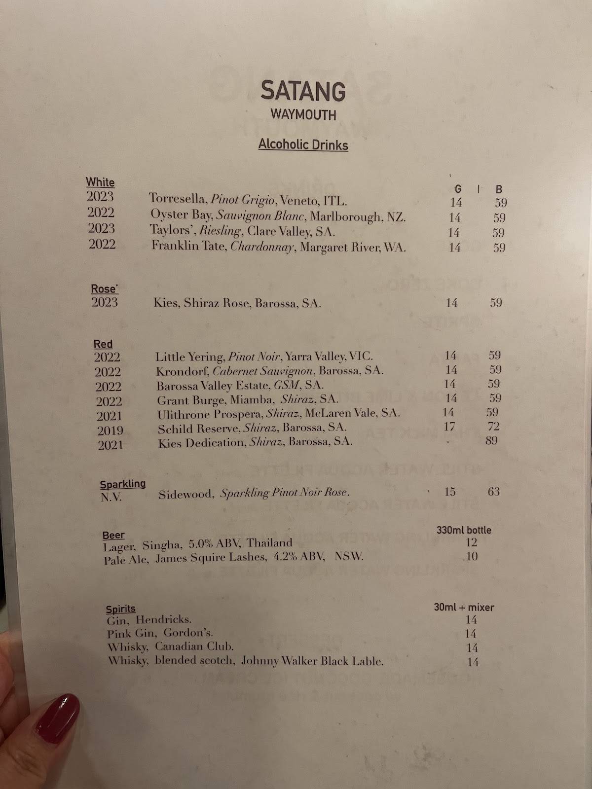 Menu at Satang Waymouth restaurant, Adelaide