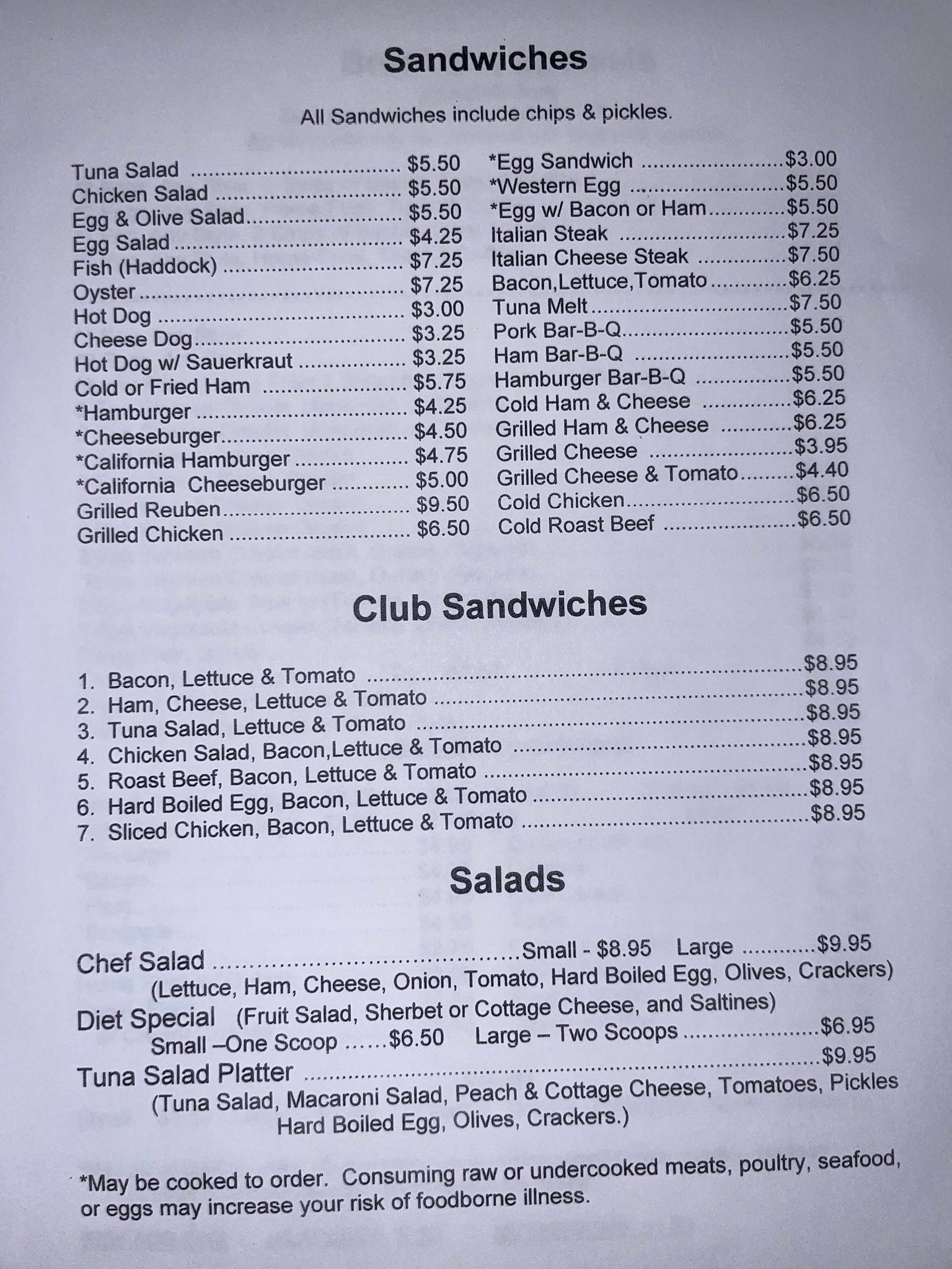Menu at Schwalm's Cleona Restaurant, Cleona