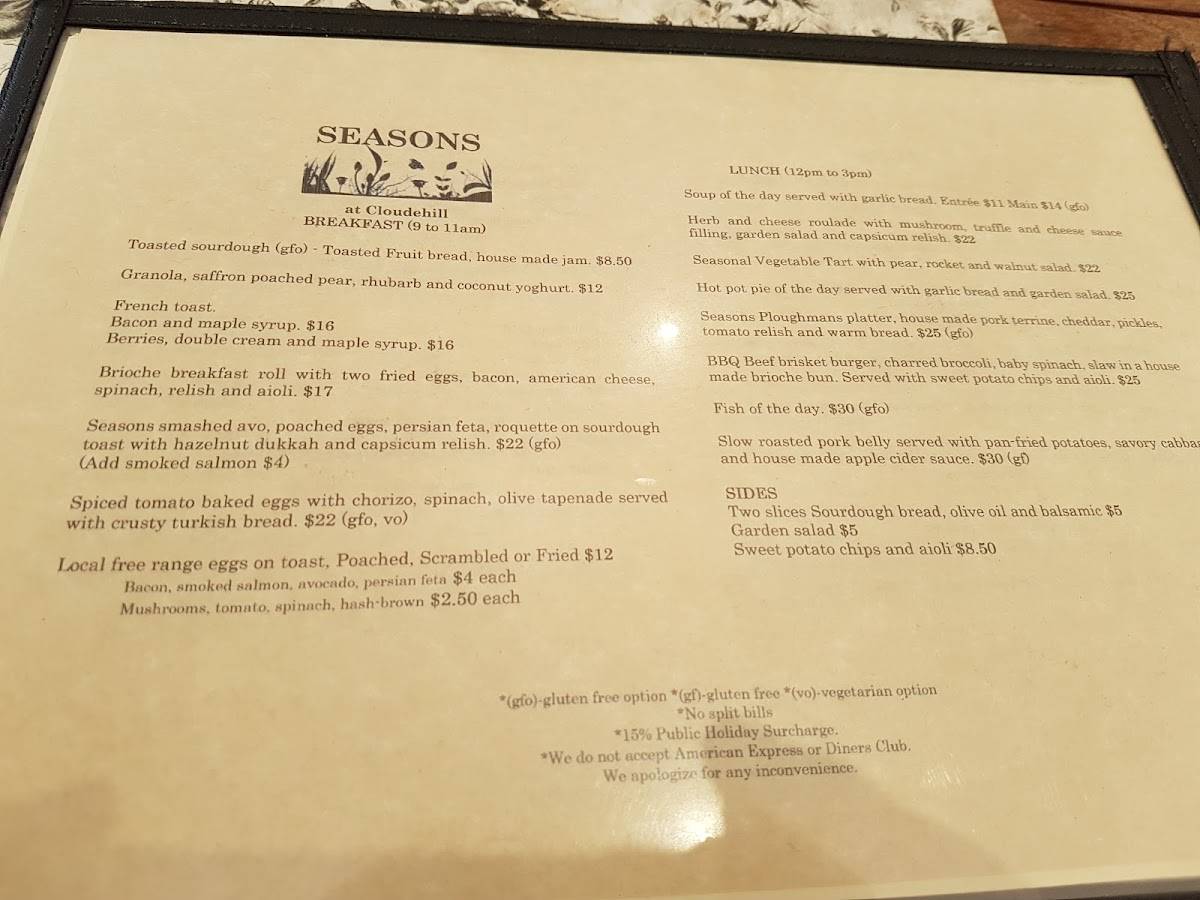Menu at Seasons Restaurant at Cloudehill, Olinda