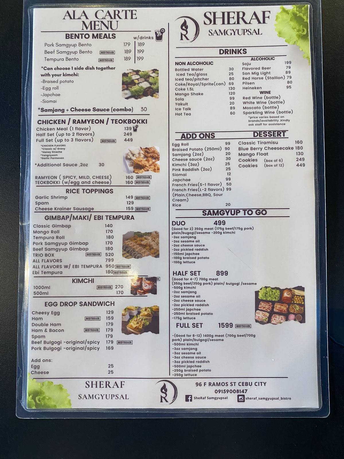 Menu at SheRaf Samgyupsal Bistro restaurant, Cebu City