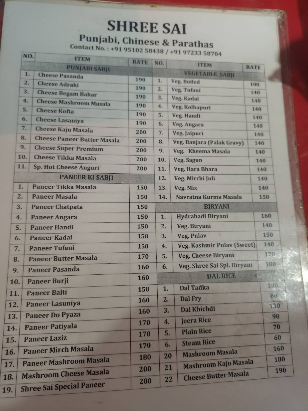 Menu at Shree Sai cheese angoori Punjabi Chinese, Surat