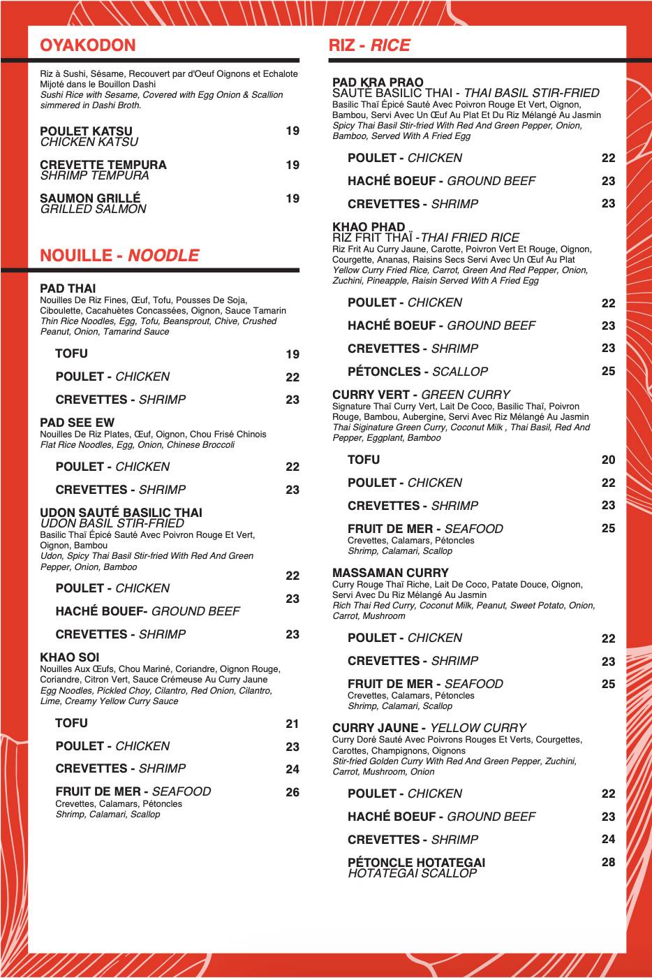 Carta de Shushu Thai Bar À Nouille + Riz, Montréal