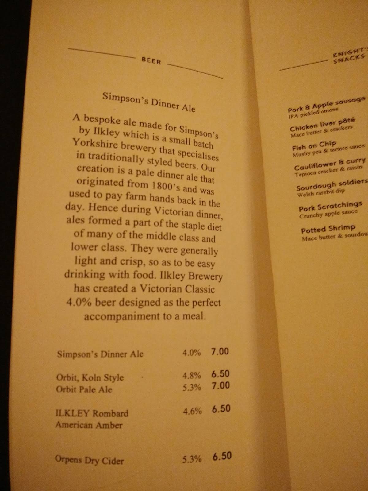Menu at Simpson's in the Strand restaurant, London