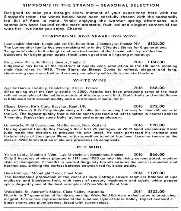 Menu at Simpson's in the Strand restaurant, London