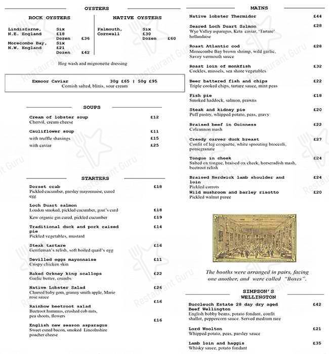 Menu at Simpson's in the Strand restaurant, London