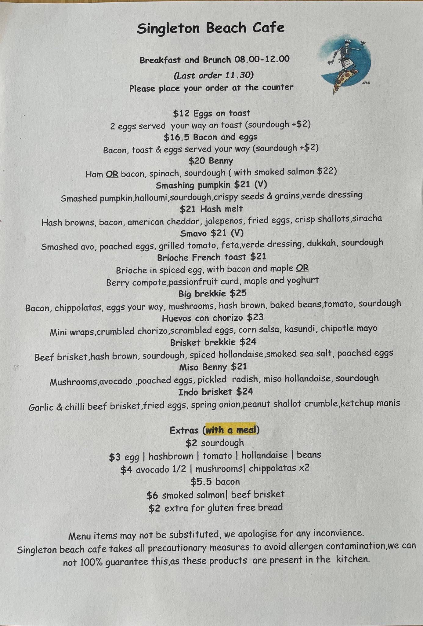 Menu at Singleton Beach Cafe, Singleton