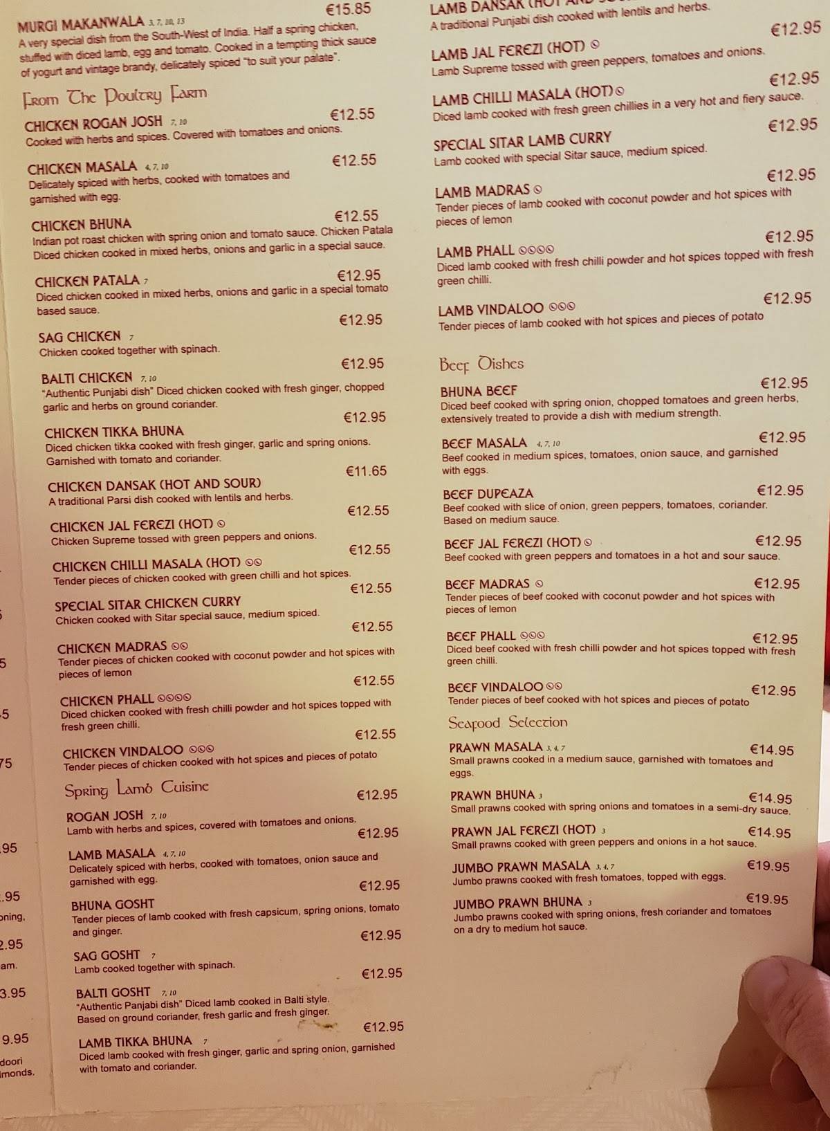 Carta de Sitar Indian Restaurant, Clarinbridge, Main St