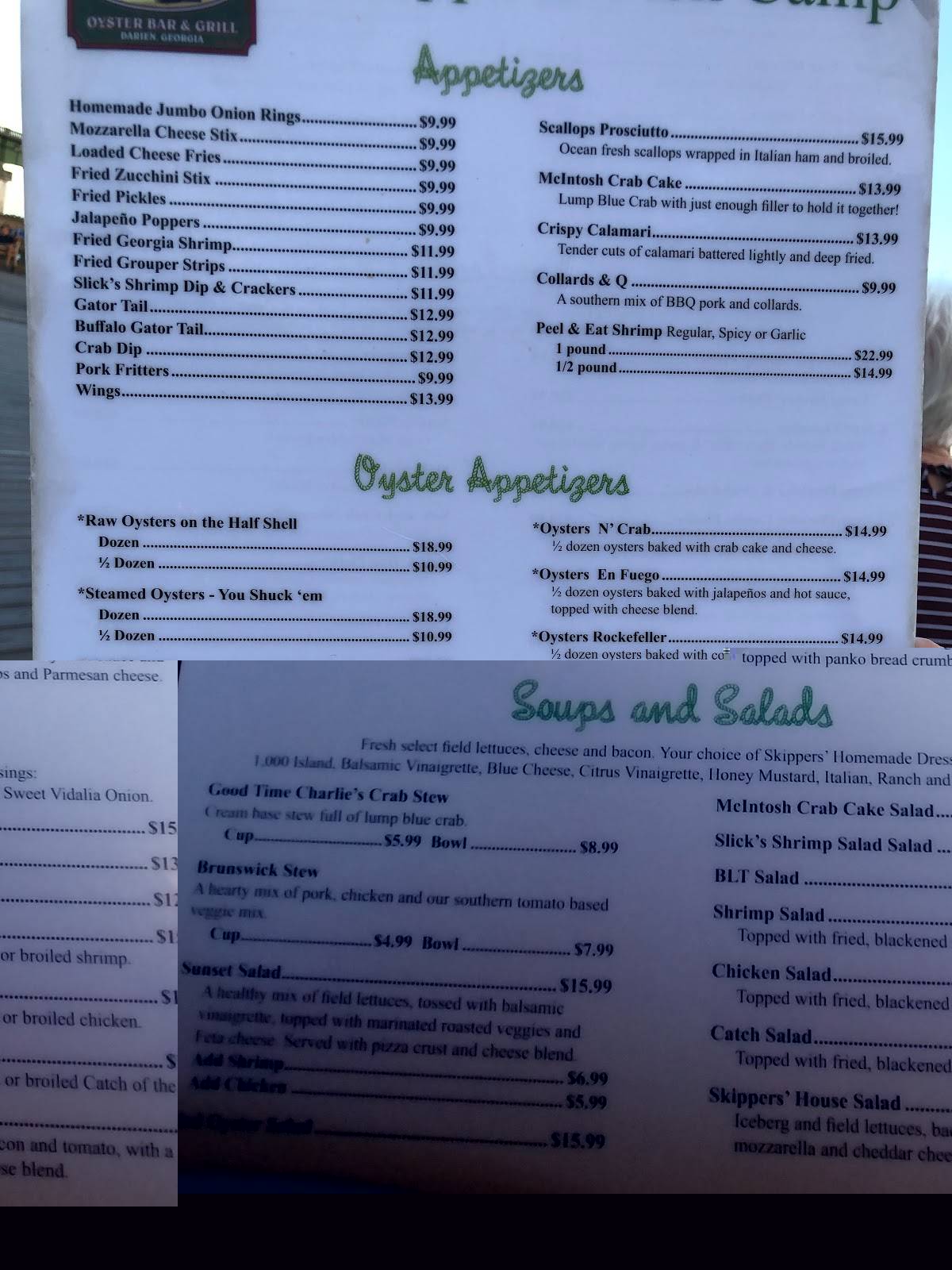 Menu at Skippers’ Fish Camp restaurant, Darien