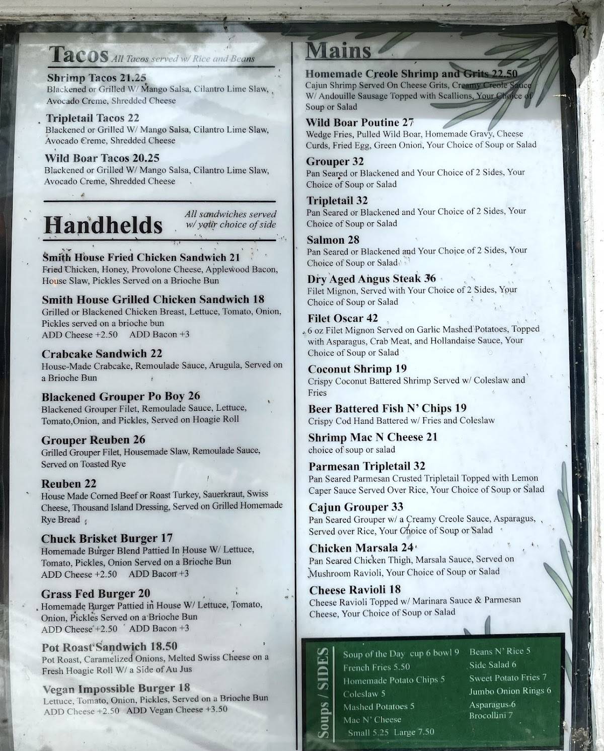 Menu at Smith House restaurant, Marco Island