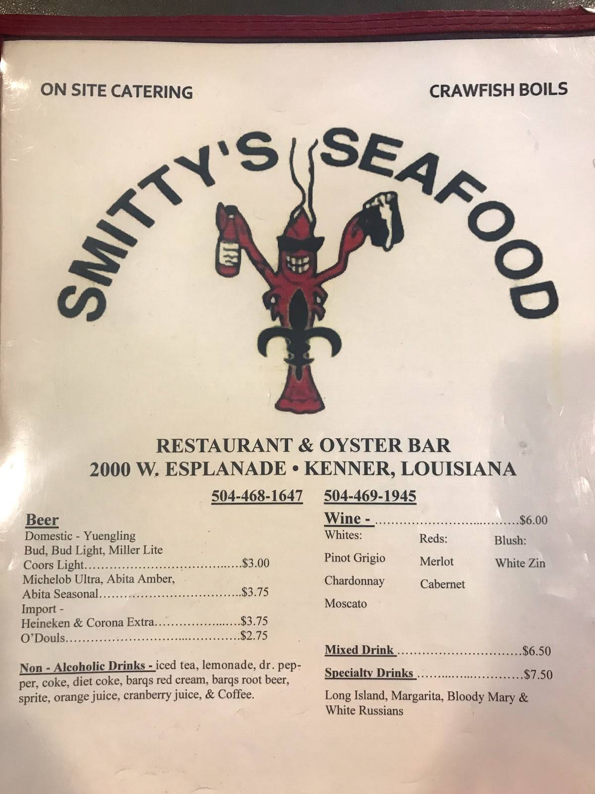 Menu at Smitty's Seafood restaurant, Kenner, W Esplanade Ave