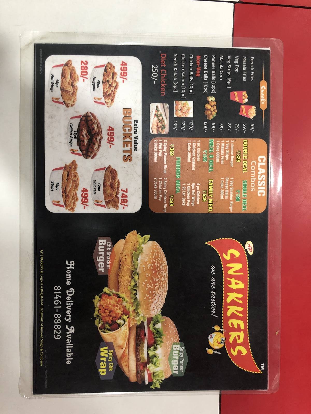 Menu at Snakkers, Bagha Purana