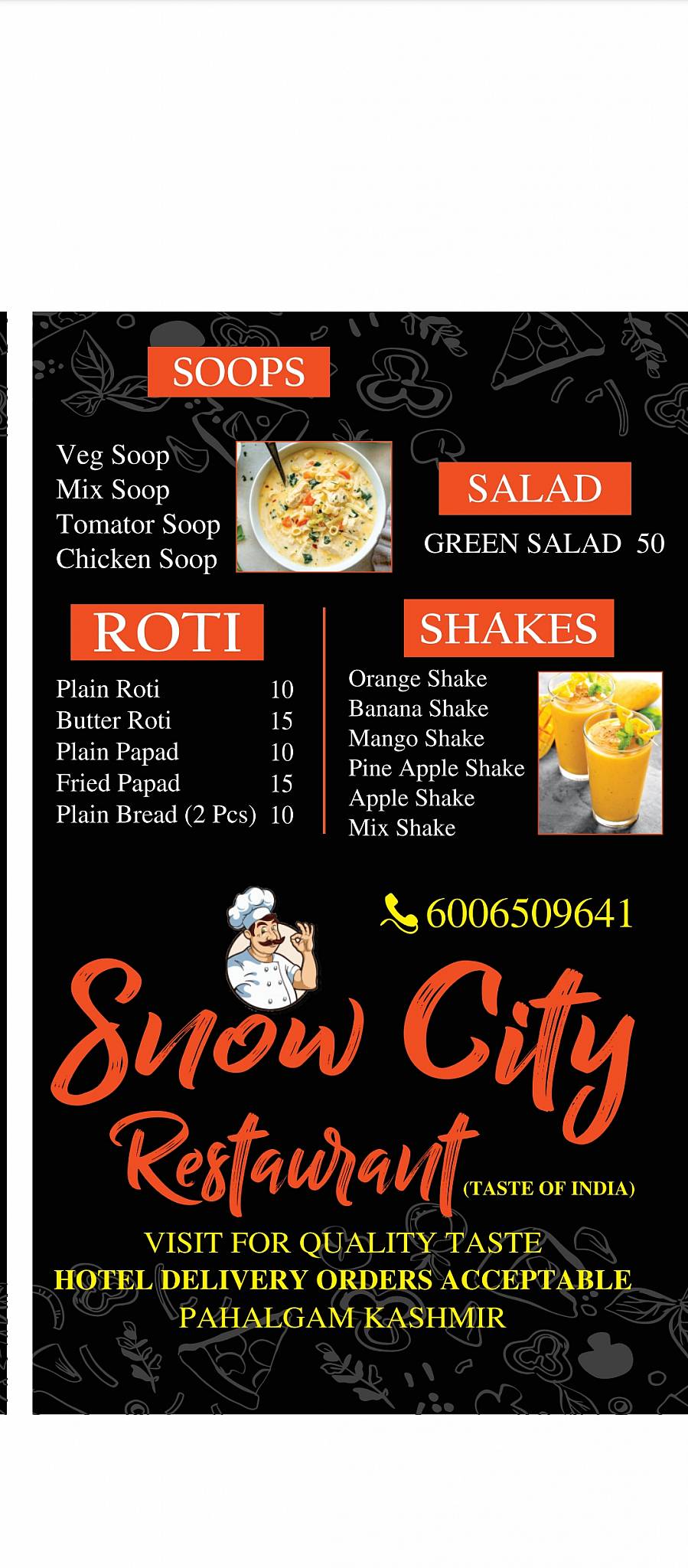 Menu at Snow city restaurant, Pahalgam