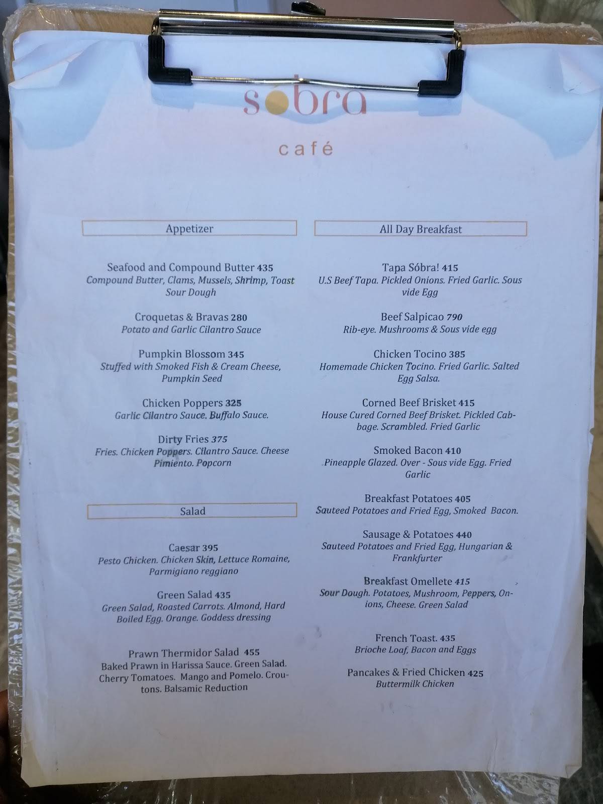 Menu at Sóbra Café restaurant, Muntinlupa