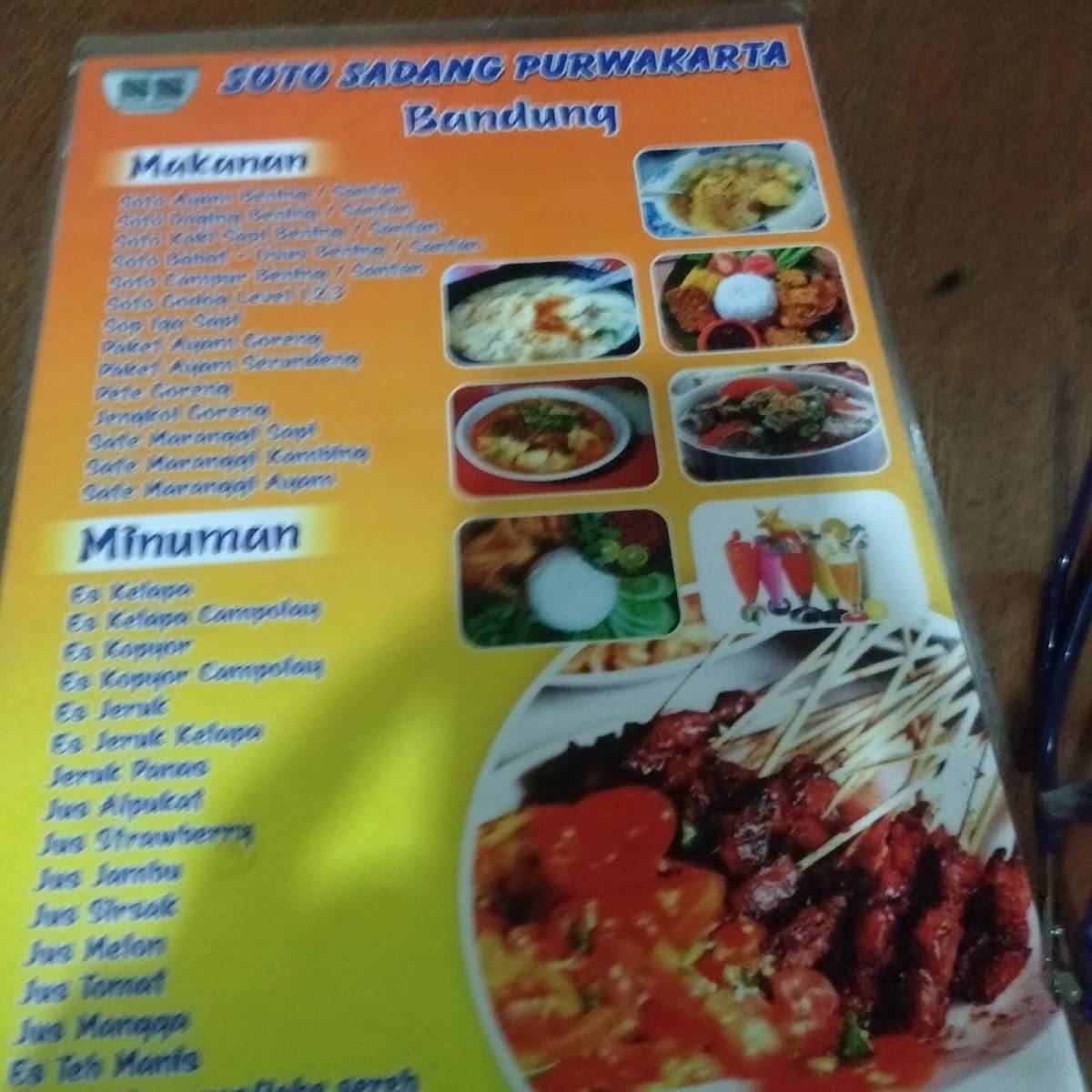 Menu at Soto Sadang Purwakarta restaurant, Bandung, Jl. Soekarno Hatta ...