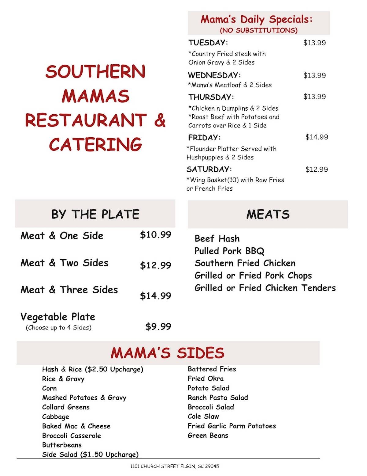 Menu at Southern Mama's restaurant, Elgin