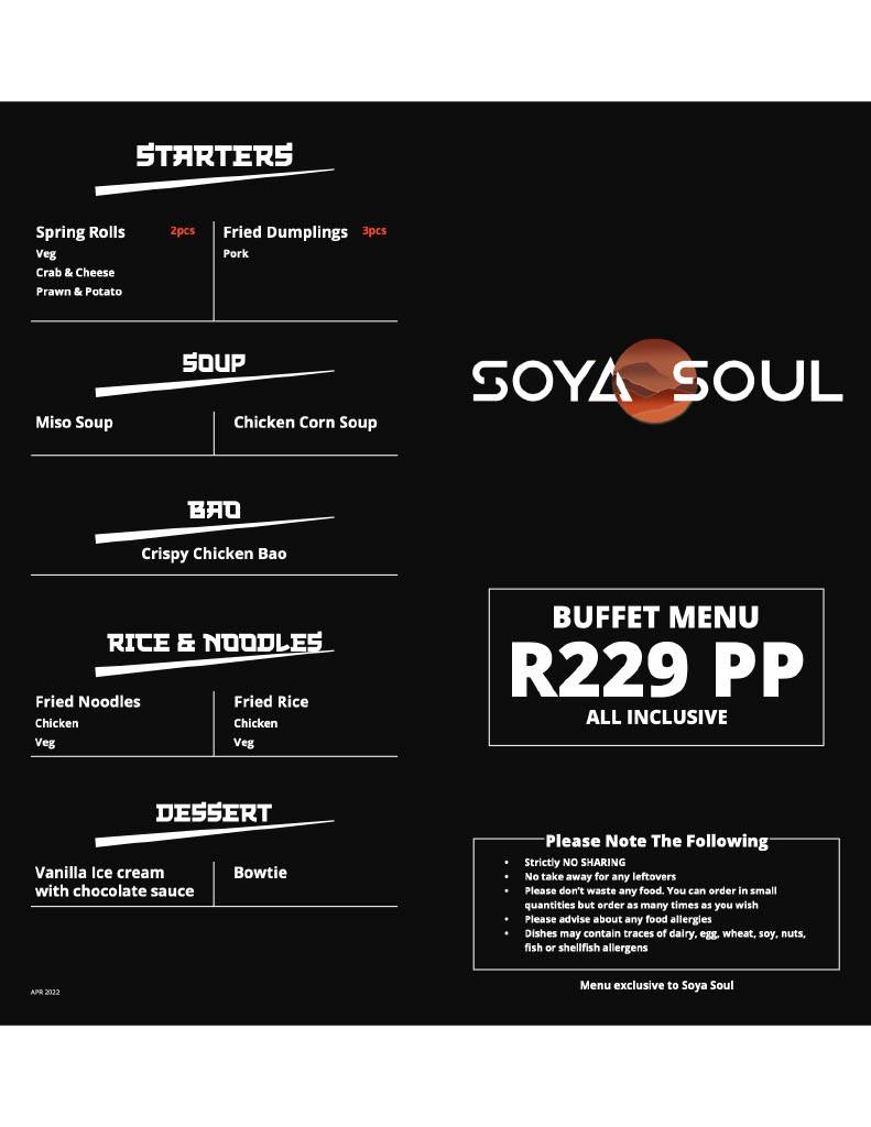 Menu at Soya Soul restaurant, Johannesburg