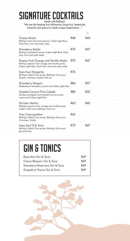 Menu at Soya Soul restaurant, Johannesburg