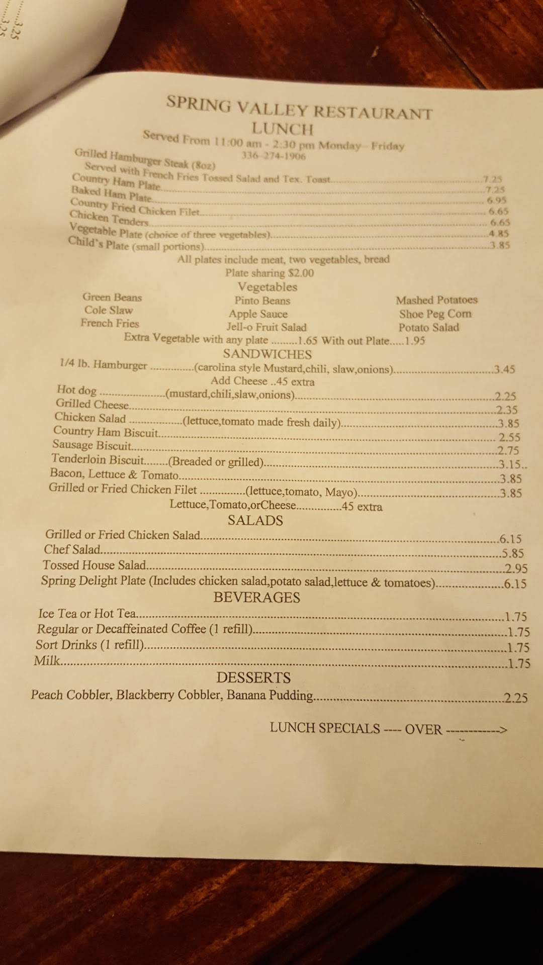Menu at Spring Valley Restaurant, Greensboro