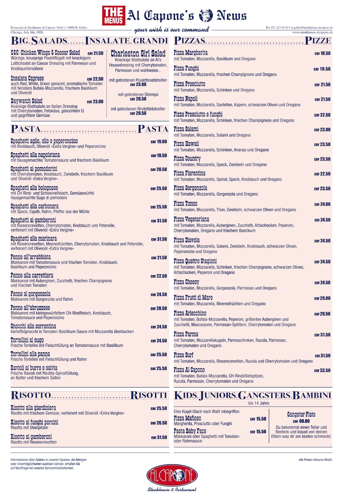 Speisekarte von Restaurant St. Gallen - Al Capone, Saint Gallen