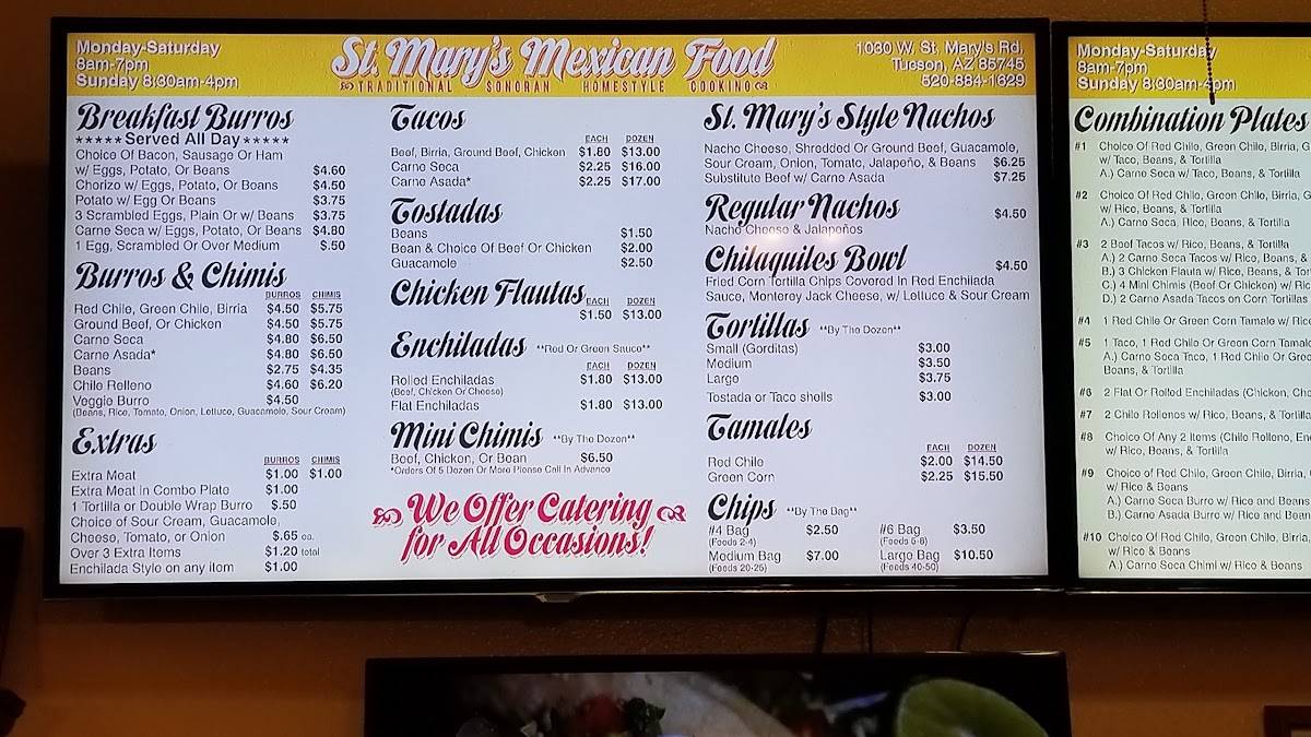 Menu at St. Mary's Mexican Food restaurant, Tucson