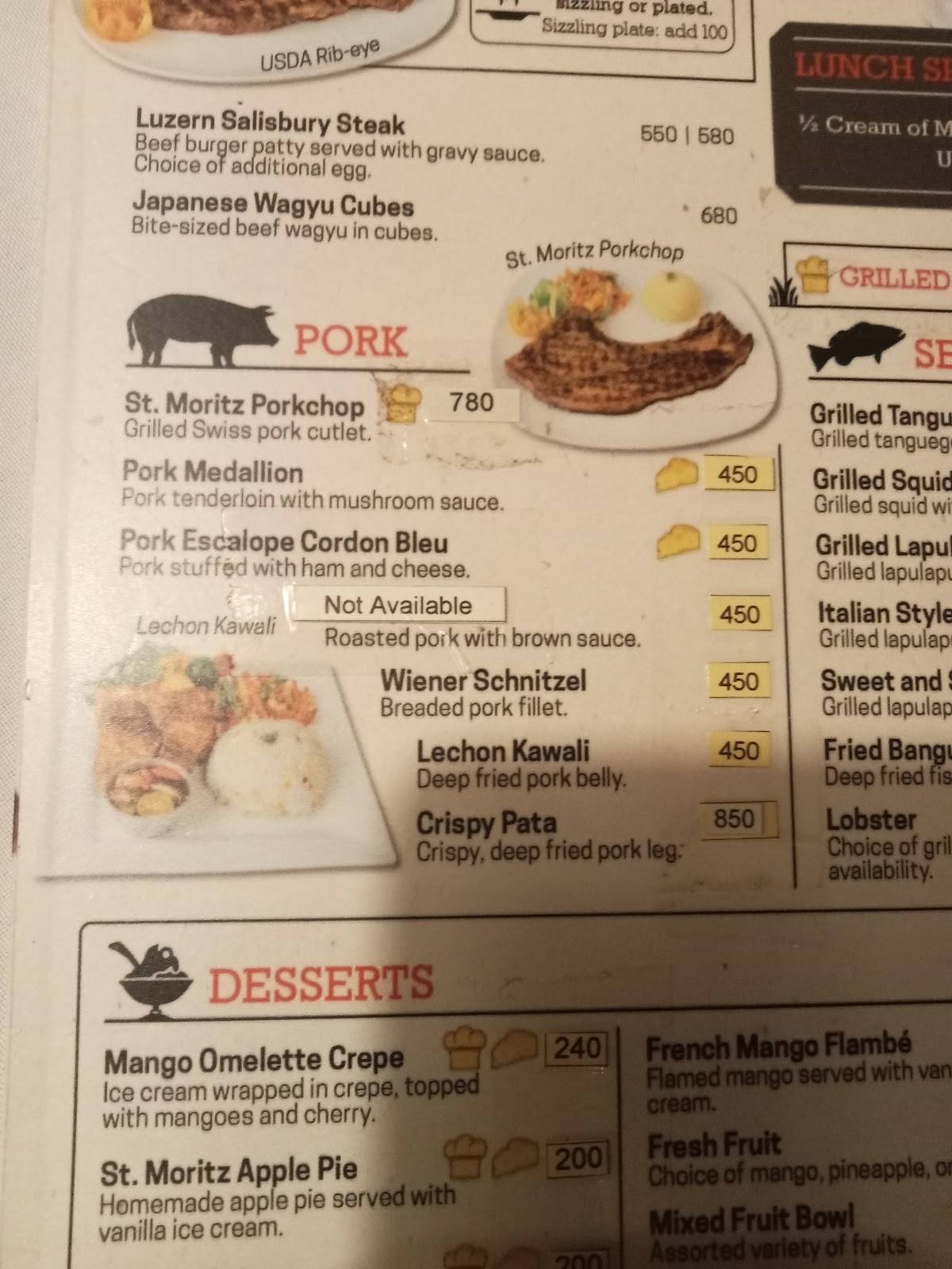 Menu at St. Moritz Restaurant, Cebu City
